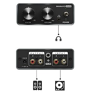 MANAYO Phono Preamp, Professional Mini Preamp for Turntable/Vinyl Record Player. Stereo Phonograph preamplifier Designed with RCA Input/Output, Headphone Jack, Adjustable Volume and gain