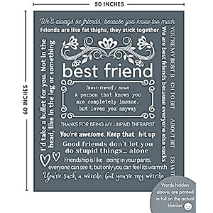 FILO ESTILO Funny Best Friend Birthday Gifts for Women, Best Friend Blanket, Unique Friendship Throw Full of Fun Gag Quotes and Sayings for Bestie, BFF, Long Distance 60x50 Inches (Grey, Fleece)