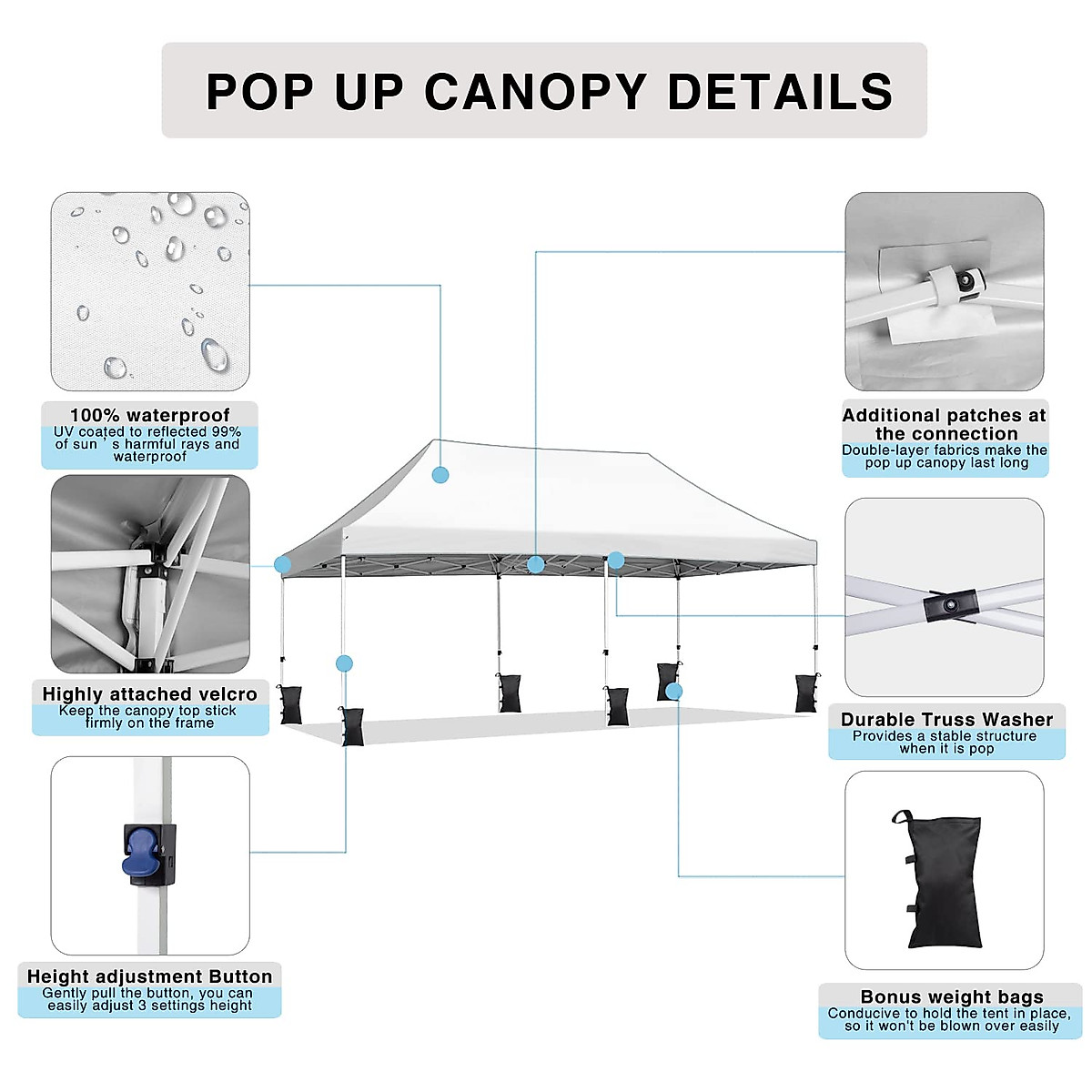 CAJECUS 10' x 20' Pop Up Canopy, Durable Easy Beach Canopy Tent, Waterproof Outdoor Canopy with 3 Adjustable Height, Roller Bag, 6 Sand Bags, 4 Ropes & 8 Stakes, White
