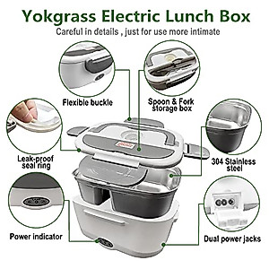 Electric Lunch Box Food Heater, Yokgrass 2-Compartment Fast Heating Adults Food Warmer for Car Truck and Home, Protable, Leak Proof, with 1.5L Stainless Steel Container, Fork, Spoon and Insulation Bag
