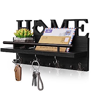 SWTYMIKI Key Hooks for Wall with Home Decoration, Wood Mail Organizer with Key Holder and Mail Holder Design, Wall Mounted Key Hanger Suitable for Entryway, Front Door, Hallway, Office, Black