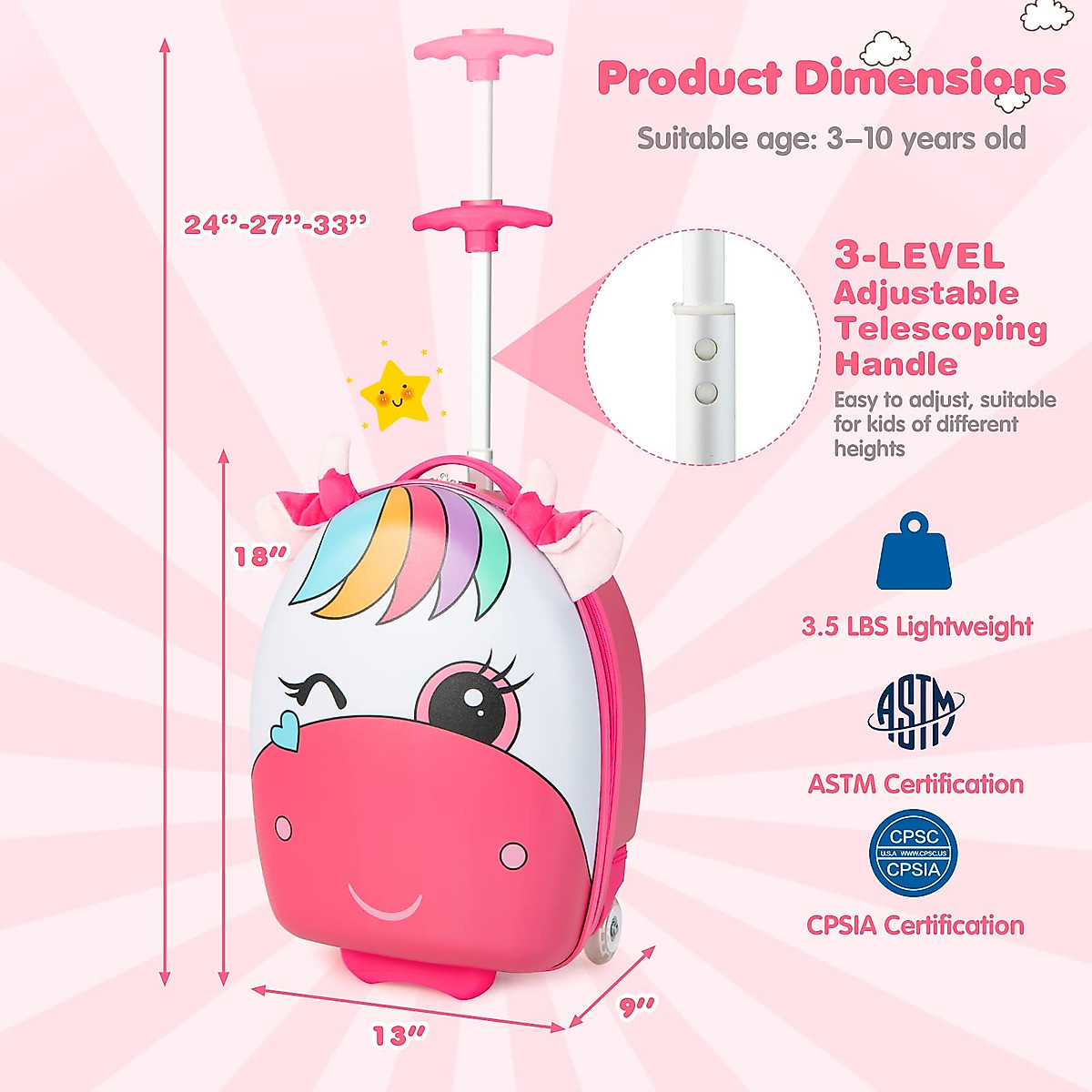 Goplus Kids Luggage, 16’’ Carry on Suitcase with LED Wheels, Waterproof Hard Shell, Lightweight Rolling Luggage for Travel, Birthday Christmas Gifts for Toddlers, Children, Boys, Girls (Pink)