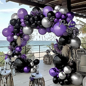 Black Purple Silver Balloon Garland - Double Stuffed Dark Purple Black Balloons Metallic Silver Lavender Lilac Balloon Arch Kit for Halloween Wednesday Birthday Graduation Wedding Party Decoration
