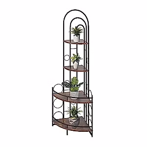 JOIN IRON Fan-Shaped Corner Storage Shelves,4-Tier Corner Shelf,Corner Shelves for Storage and Display,Corner Ladder Shelf for Living Room, Kitchen,Home Office. (Rustic Brown)