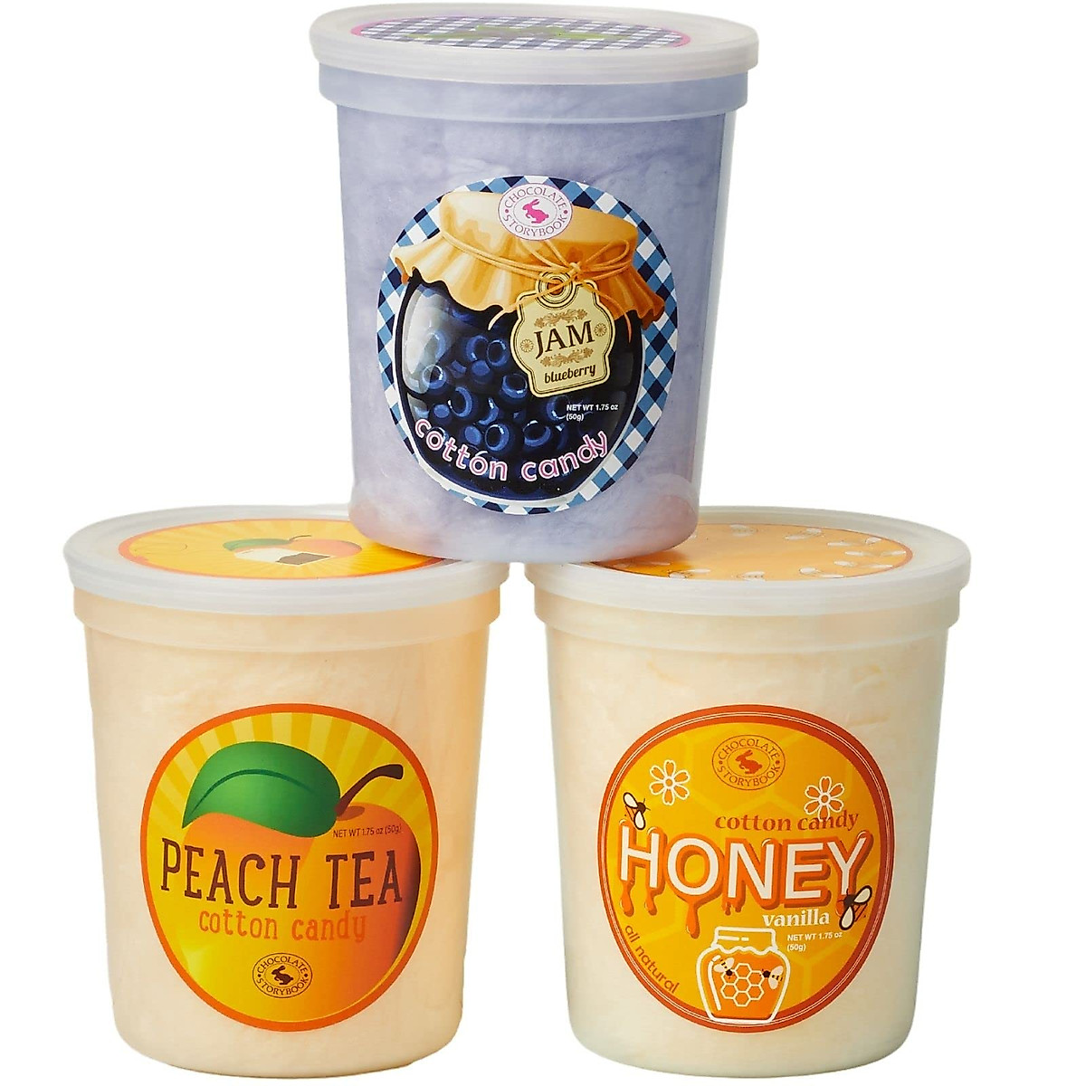 Tea Party Cotton Candy Gift Set of 3 Honey Vanilla, Peach Tea and Blueberry Jam - Unique ideas for Holidays, Birthdays, Gag Gifts, Party Favors