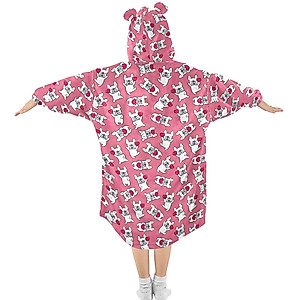 TSENQUE Dog French Bulldog Valentine Pink Wearable Blankets for Kids Girls Pullover Fleece Boys Hoodie Sweatshirt Oversized L