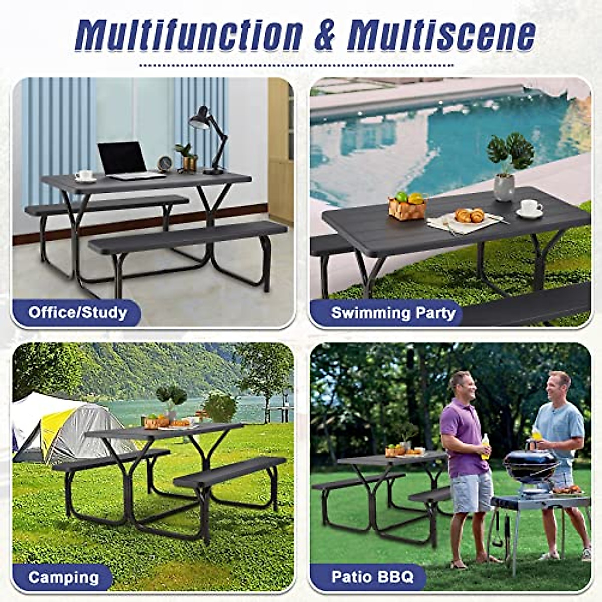 Haddockway Picnic Table Bench Set Patio Camping Table with All Weather Metal Base and Plastic Table Top Outdoor Dining Garden Deck Furniture for Adult Black