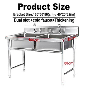 Commercial/Industrial Sink，2 Compartment Outdoor Garage Sink，Freestanding Kitchen Stainless Steel Sink w/Workbench & Storage Shelves, Prep & Utility Washing Hand Basin for Laundry. ( Size : 100*50*80+