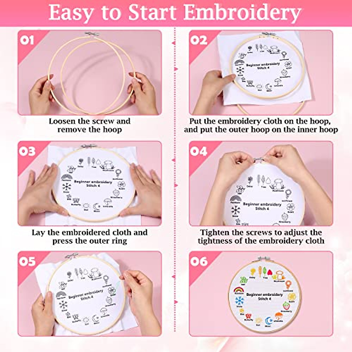 4 Sets Beginners Embroidery Stitch Practice kit, Embroidery Starter kit for Craft Lover with 30 Different Stitches,Embroidery Skill Practice Kit Include 4 Embroidery Cloth with Pattern Embroidery Hoop