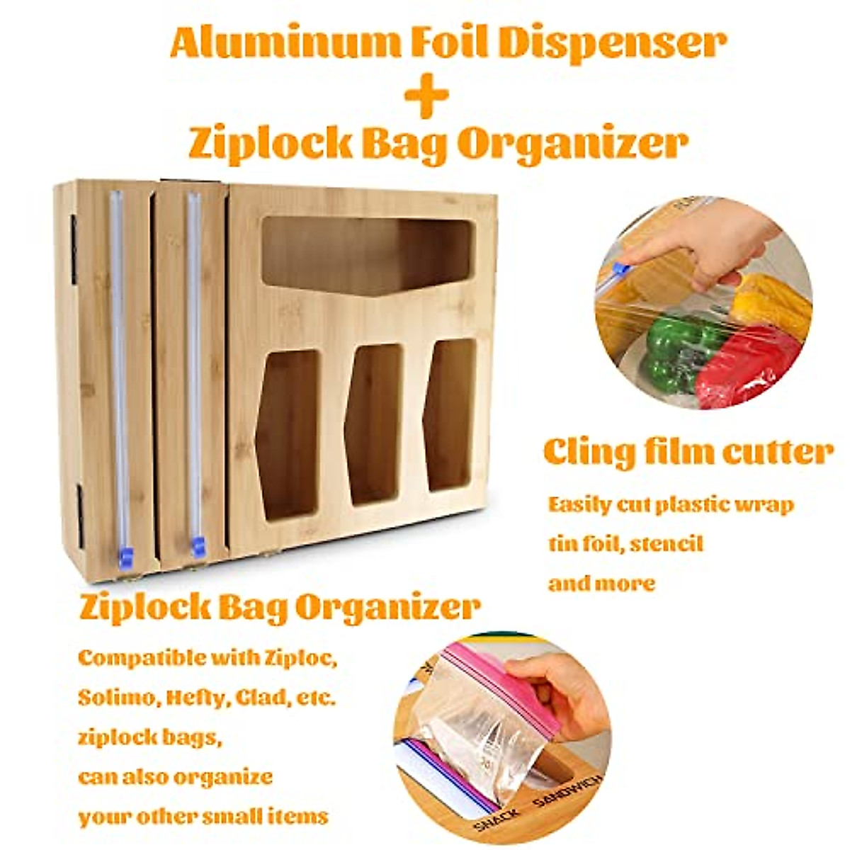 shuang qing Ziplock Bag Storage Organizer, Bamboo Food Bags Container for Kitchen Drawer Compatible Compatible With Ziploc, Solimo, Glad, Hefty For Gallon, Quart, Sandwich