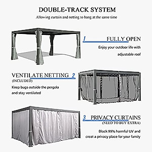 Domi Outdoor Living 10’ x 13’ Louvered Pergola with Adjustable Rainproof Roof, Outdoor Aluminum Frame Hardtop Gazebo for Backyard, Garden and Lawn w/Netting (Dark Gray)