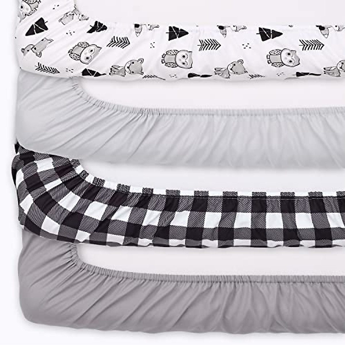 The Peanutshell Fitted Crib Sheet Set for Baby Boys or Girls - Unisex 4 Pack - Woodland Animals & Buffalo Plaid