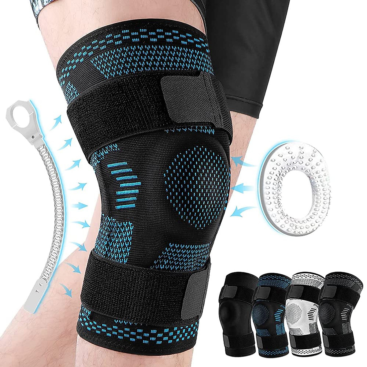POKEAT 2Pcs Knee Brace Support Compression Sleeve with Side Stabilizers and Patella Gel for Knee Pain Meniscus Tear Injury Recovery,Dark Grey,L
