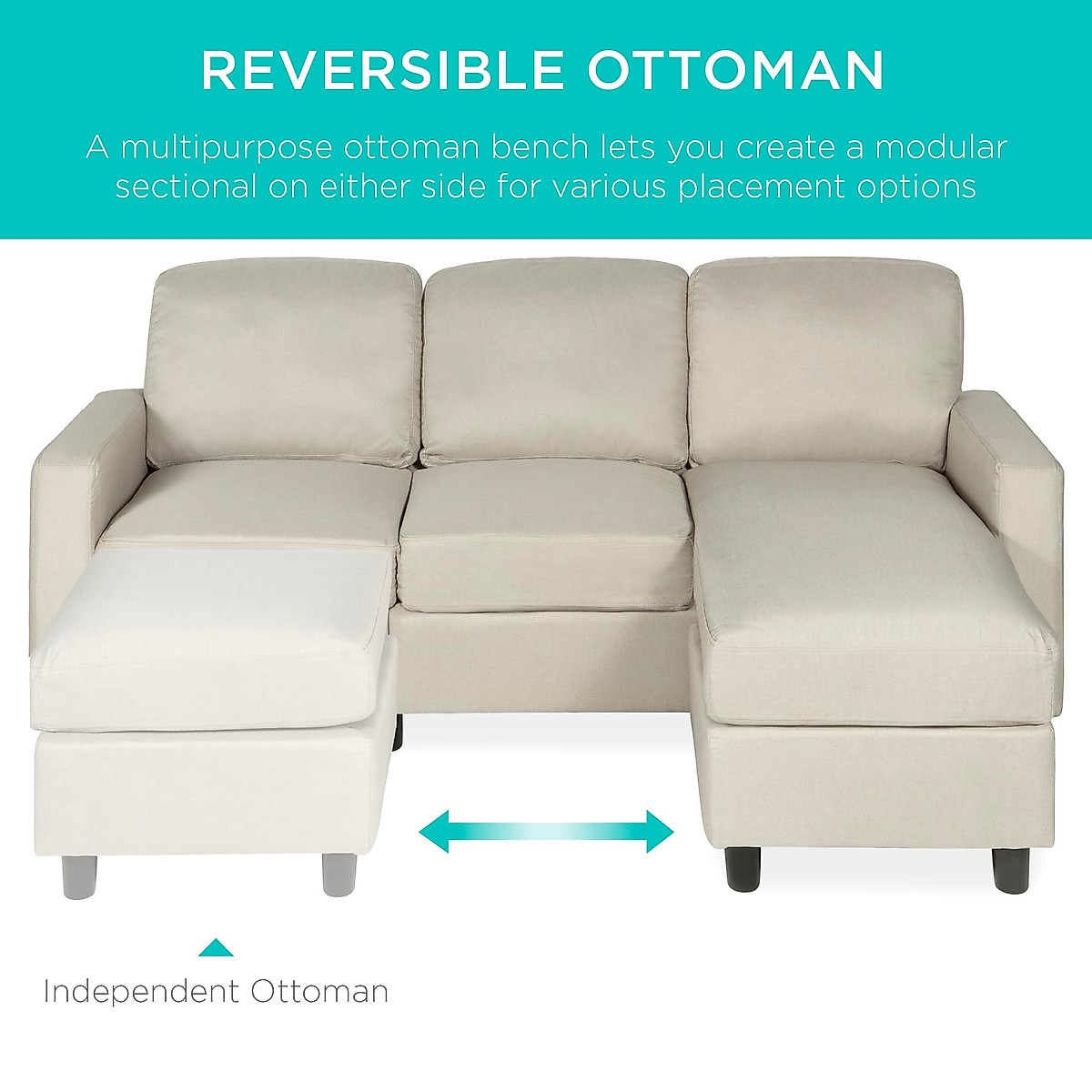 Best Choice Products Upholstered Sectional Sofa for Home, Apartment, Dorm, Bonus Room, Compact Spaces w/Chaise Lounge, 3-Seat, L-Shape Design, Reversible Ottoman Bench, 680lb Capacity - Beige