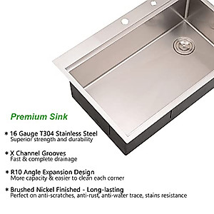 Jshozzy 30 Inch Drop in Kitchen Sink Workstation, 30x22 Drop-in Top Mount Kitchen Sink Stainless Steel Kitchen Sink Single Bowl Deep Kitchen Sink with Offset Drain