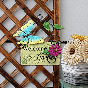 E-view Metal Welcome Sign Rustic Wall Hanging Plaque - Decorative Welcome Flower Signs for Porch Front Door Farmhouse Home Decoration Garden Themed Wreath Ornament (Green)