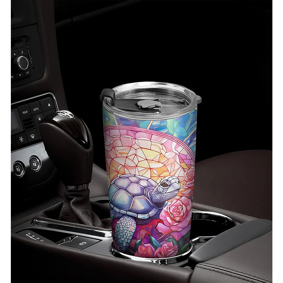 20oz Stained Glass Flower Sea Turtle Tumbler, Gifts for Turtle Lovers, Ocean, Beach Gifts, Coffee Thermos for Women, Stainless Steel Double Wall Vacuum Insulated Coffee Mug, Travel Cup with Lid