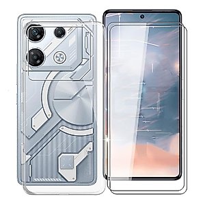 KJYFOANI for Infinix GT 10 Pro Case with 2 x Tempered Glass Screen Protector, Transparent Shockproof Solf Silicone Protection Case for Infinix GT 10 Pro, Case for Women Men, (6.67") - Crystal Clear