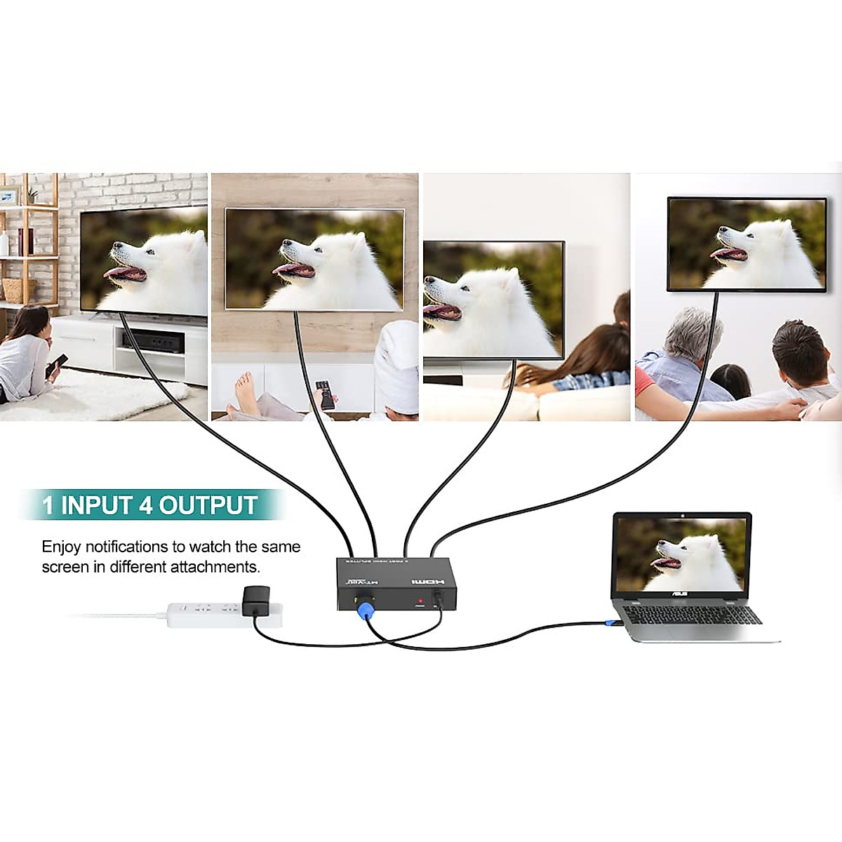 HDMI Splitter 1 in 4 Out, MT-ViKI 1x4 Power HDMI Splitter 4 Ports w/AC Adapter, 4Kx2K@30Hz 3D Full HD Distributor for PS4 Fire Stick HDTV