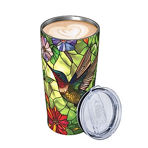 20 Oz Tumbler with Lid and Straw, Stained Glass Hummingbird Art Insulated Tumbler Stainless Steel Cups, Personalized Coffee Tumbler Travel Mug Water Bottle