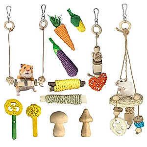 Vehomy 12Pcs Hamster Toys for Hamster Small Animal Chewing Toy Hamster Applewood Molar Stick Rat Cage Hanging Swing Handmade Carrot Lollipop Toy Small Pet Cage Decor Toy for Gerbils, Rats, Parrots