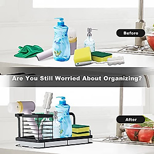 Hittanous Kitchen Sink Caddy, Rustproof Kitchen Sink Organizers with Drain Pan, Kitchen Caddy for Brush Dishcloth Soap and Sponge Holder Kitchen Sink Bathroom Accessories Storage Countertop (Black)