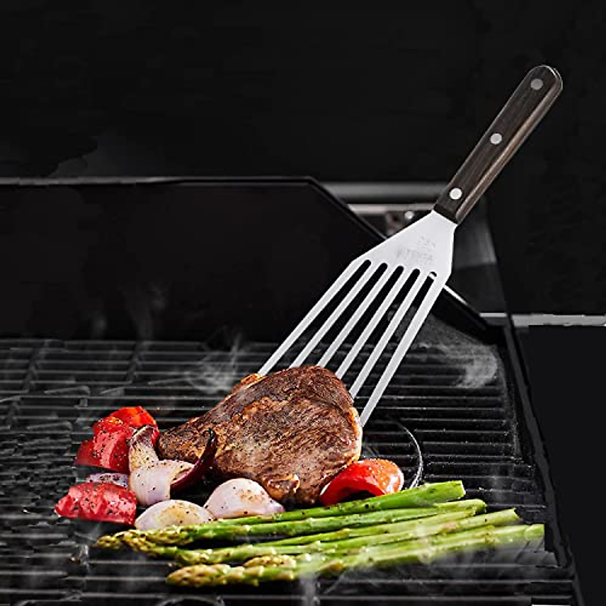 TENTA TENTA KITCHEN Set of 2 Stainless Steel Fish Spatula and Fish Turner Wooden Handle and Stainless Steel Handle Slotted Turner BBQ Fry Turner for Cooking Fish/Meat/Dumpling