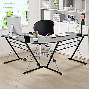 Tangkula L-Shaped Desk Corner Computer Desk, Space-Saving & Multifunctional Home Office Desk Writing Workstation Study Desk with Round Corner (Black)