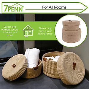 7Penn Jute Baskets - 2pc Round Decorative Natural Jute Rope Woven Storage Basket Set with Lids and Leather Tab Handle