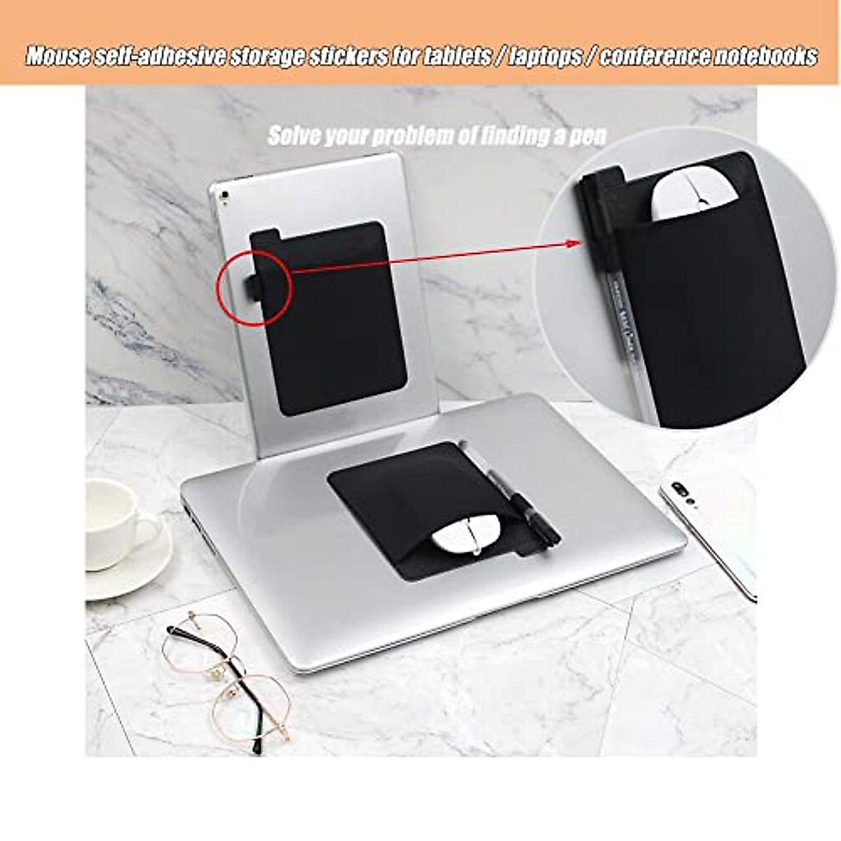 RIVEENY Pocket Pouch for Laptop with Reusable Adhesive,Pouch Holder for Computer Accessories,Self-Adhesive Mouse Headset Storage Bag for Portable External USB Cable,Apple Magic Mouse