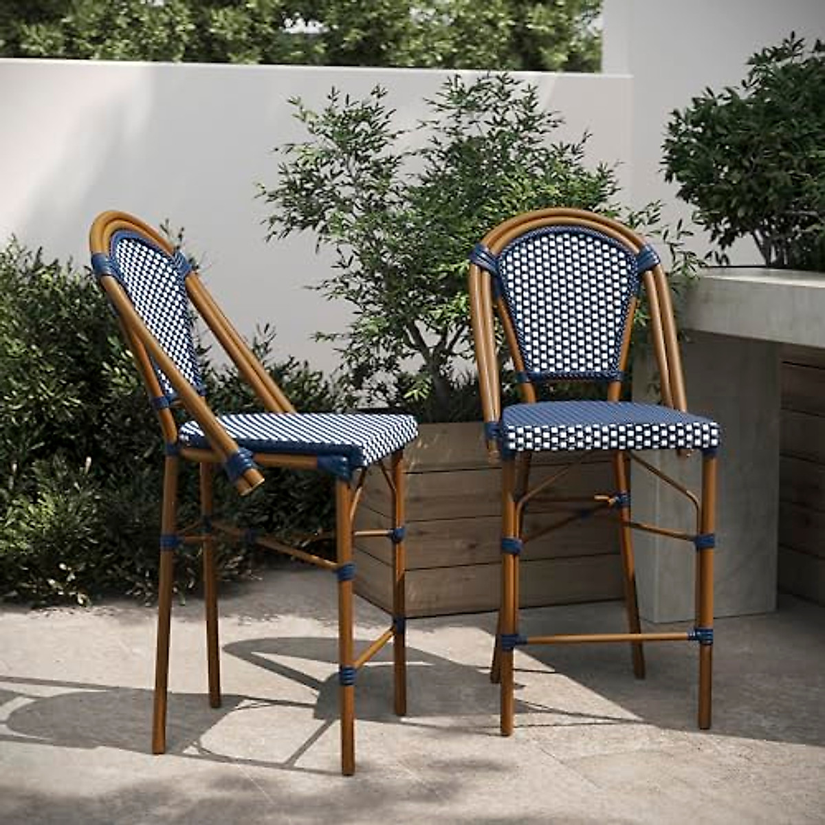 Flash Furniture Bordeaux Commercial Grade Bistro Counter Height Stool, Stackable Indoor/Outdoor Dining Stool, 26" High, Set of 2, Navy/White and Natural Finish