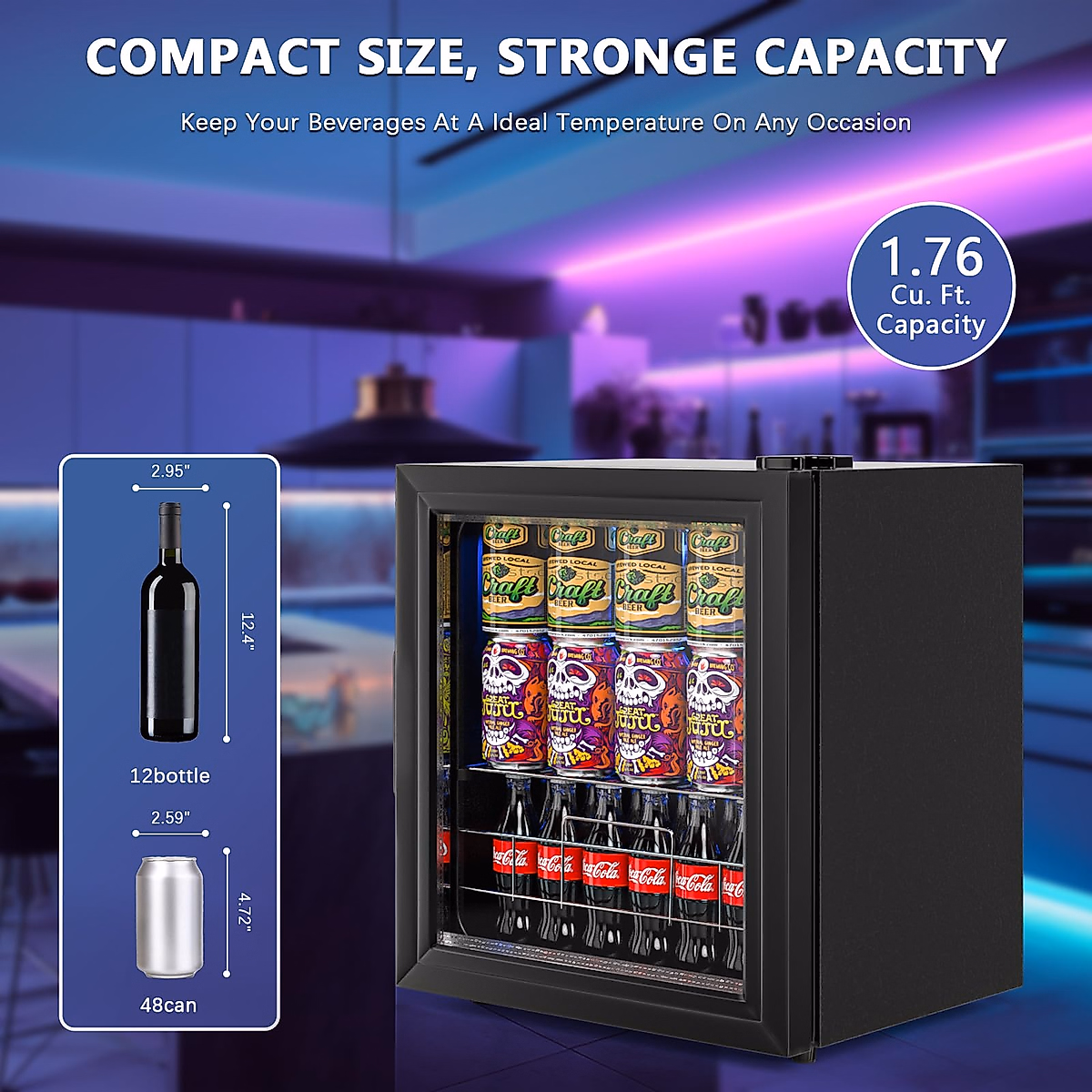 Geekman 75 Can Beverage Refrigerator, Freestanding Mini Fridge With Glass Door and Adjustable Shelving, Small Beverage Fridge for Beer, Soda Drink and Wine, Perfect for Home, Office, Dorm, and Bar