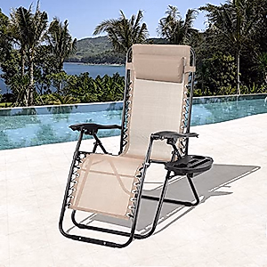 HHS Zero Gravity Chairs Beach Lounge Chairs for Outside Lawn Reclining Patio Camping Chair Adjustable Comfortable Outdoor Folding Chair with Cup Holder and Headrest, Tan, 37 x 26 x 43 inches