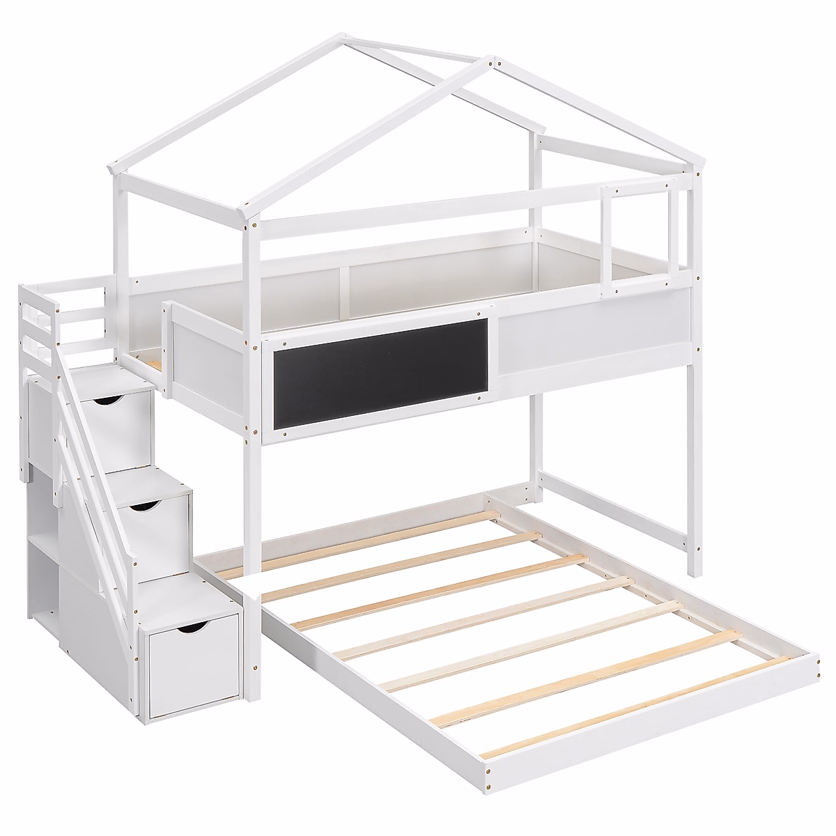 Harper & Bright Designs Twin Over Full House Bunk Bed with Stairs and Blackboard, Wood Floor Bunk Bed Frame with Storage Staircase, for Kids Teens (White)