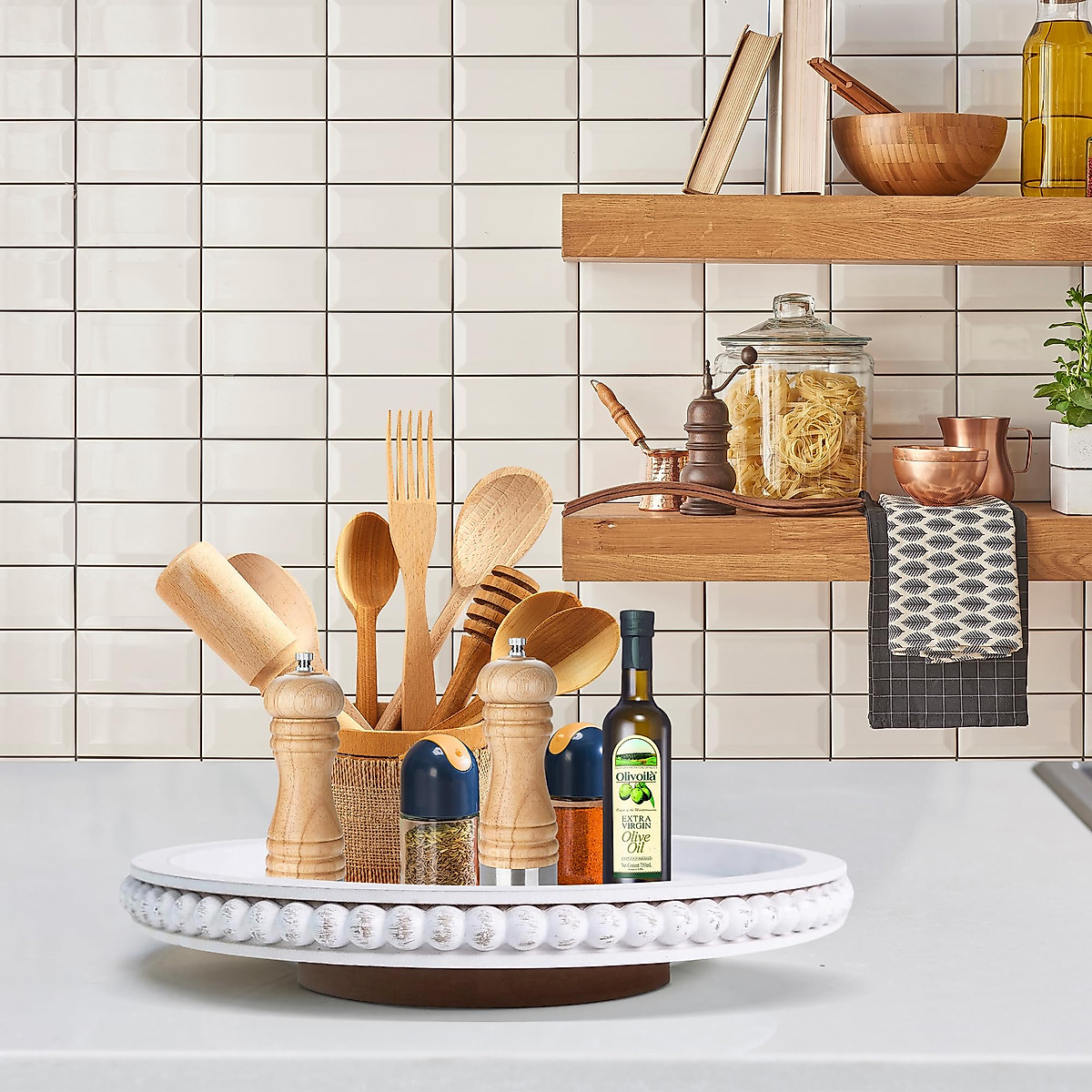 HPC Decor 12 Inch Beaded Lazy Susan- Wooden Lazy Susan Organizer- Farmhouse Table Decor- Round Lazy Susan for Table Cabinet- Kitchen Turntable 360 Degrees Rotating Table Decor Spinning Tray (White)