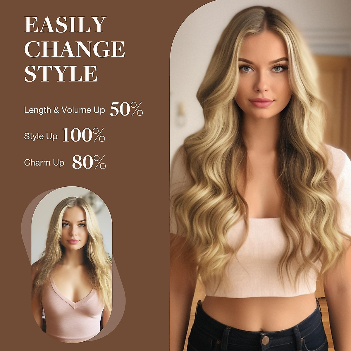 GOO GOO Wire Hair Extensions Human Hair, 16/22 Light Blondewith mix Golden Blonde Highlighted 14inch 75g, Invisible Wire Hair Extensions with Transparent, Seamless Fish Line Hairpiece