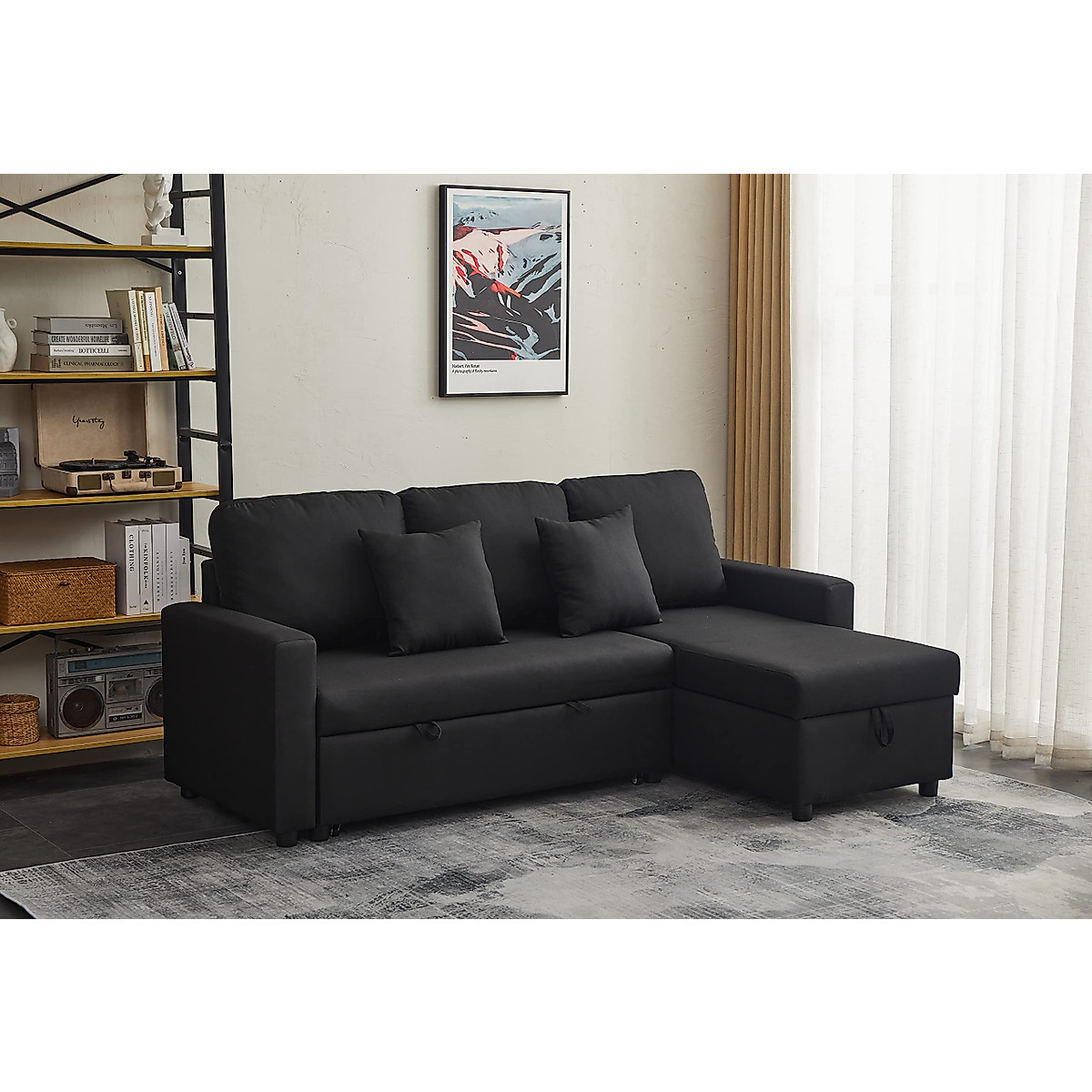 Bonrcea Sleeper Sectional Sofa with Storage Sofabed, Black