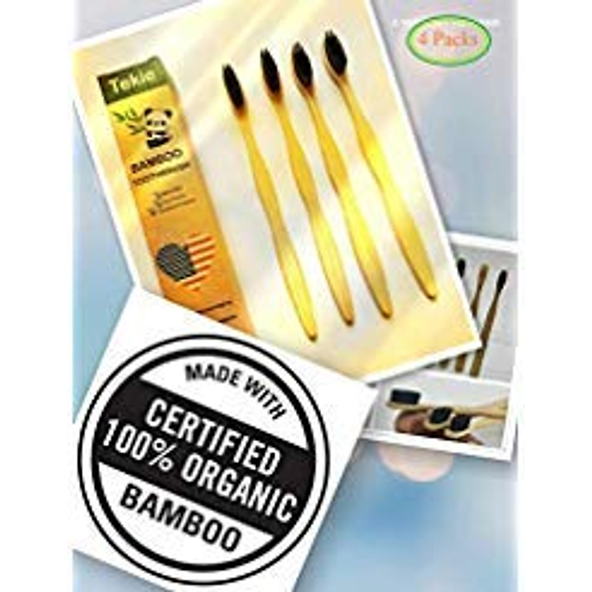 tekie 4 Environmental Bamboo Toothbrushes 100% Natural Organic Biodegradable and Vegan cost-effective Soft Free Nylon Bristles Fibre Wooden Handle