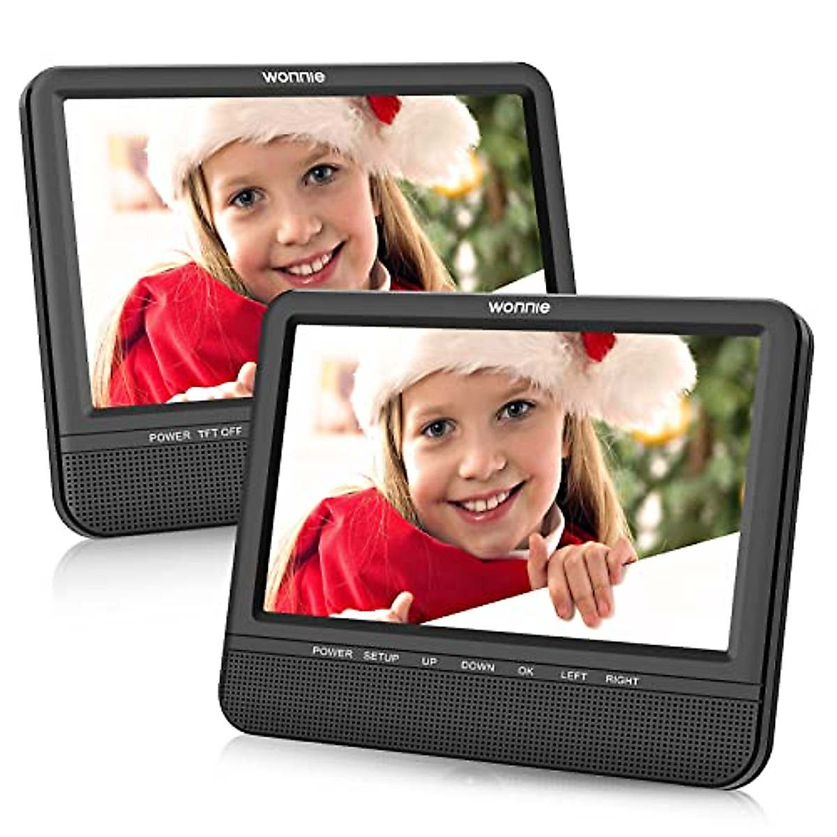 WONNIE 7.5'' Dual Car DVD Player, Portable DVD Player for Car Plays Same Movie, with 5 Hours Rechargeable Battery, Support USB/SD/Sync TV, Regions Free, Last Memory, AV Out & in (1 Player+1 Monitor)