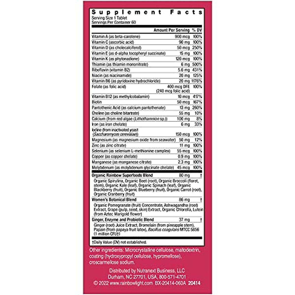 Rainbow Light Womens One High-Potency Daily Multivitamin, Womens Multivitamin Provides High-Potency Immune Support, With Vitamin C, Biotin and Ashwagandha, Vegetarian, 60 Count