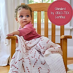 LollyBanks Muslin Baby Blanket, 100% Cotton Cozy Muslin Quilt, 47 x 47 Inches and 6 Layers Toddler Blanket for Boys and Girls, Soft and Breathable Newborn Blanket, Baby Essentials (Candy Cane Print)