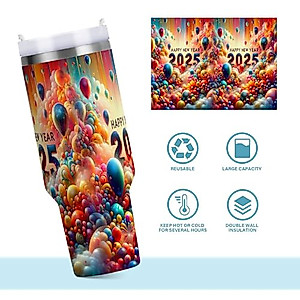 ODAWA New Year Balloons Water Tumbler with Handle and Straw Lid Insulated Coffee Cups 40 Oz Stainless Steel Tumblers