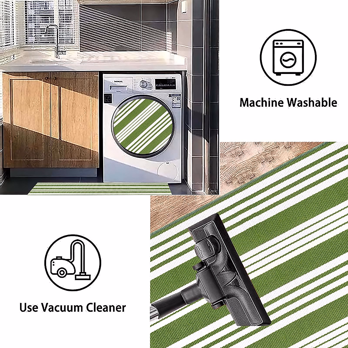 Green and White Striped Outdoor Rug 24'' x 35'' Door Mat Outdoor Machine Washable Welcome Mats Cotton Hand-Woven Entryway Rug for Front Porch/Entryway/Laundry/Bathroom/Bedroom