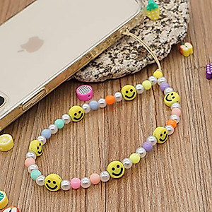 SYSUII Beaded Mobile Phone Lanyard Wrist Strap, Colorful Smile Beads Chain Phone Charm Phone Anti-lost Chain Cellphone Strap Hanging Cord for Women Girl Summer Trend Smiley Cute Jewelry