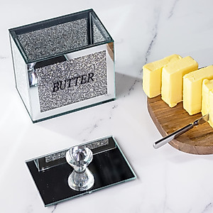5.9"x3.9"x5.1" Butter Container Box with Lid, Glass Cheese Tank Storage Box Filled with Sparkly Crystal Crushed Diamonds, Keep Butter Cheese Fresh & Sparkle, Ideal for Kitchen, Dining Room