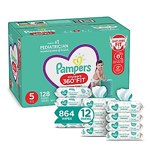 Diapers Size 5, 128 Count and Baby Wipes - Pampers Pull On Cruisers 360° Fit Baby Diapers with Stretchy Waistband, ONE Month Supply with Sensitive Wipes, 12X Pop-Tops, 864 Count