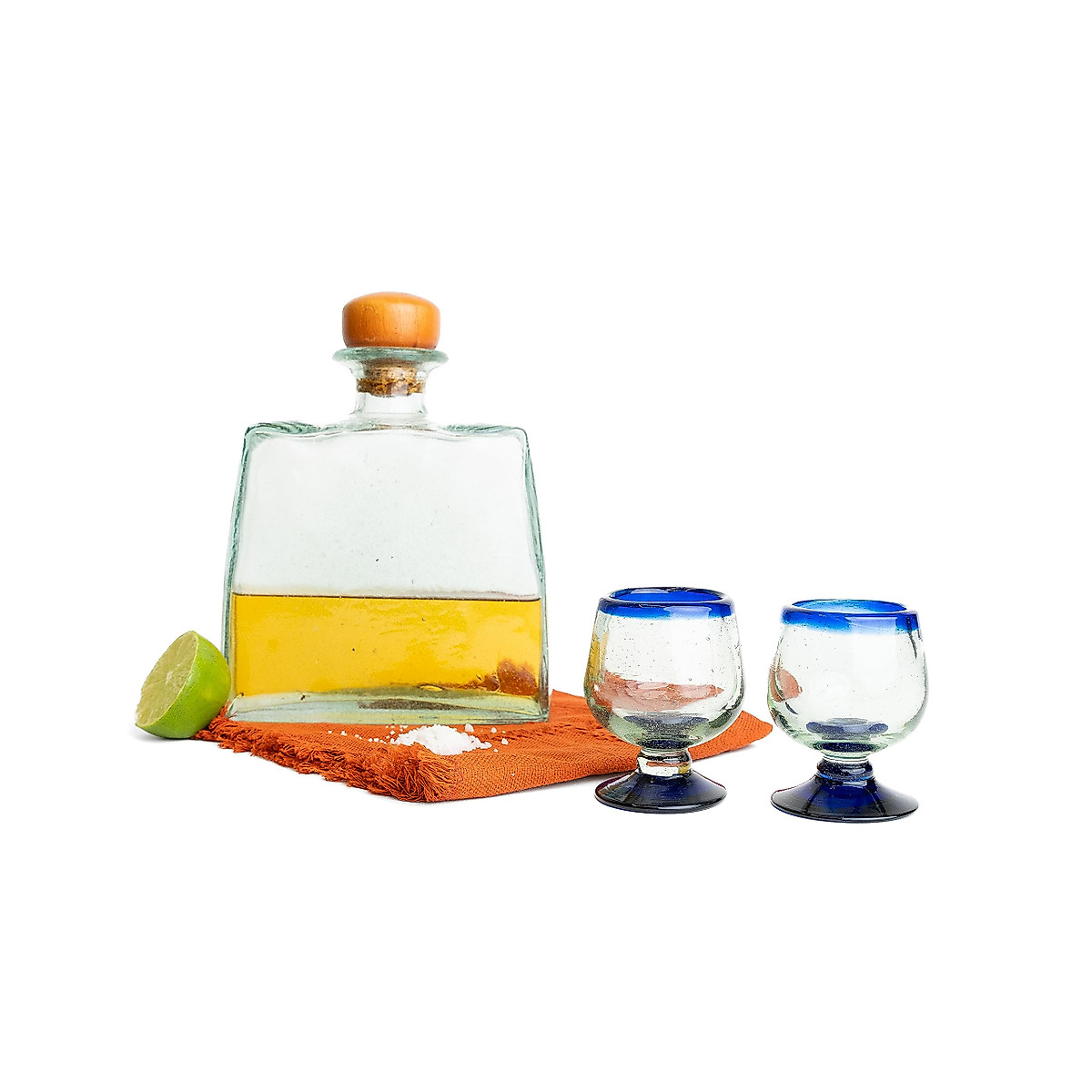 MEXTEQUIL - Authentic Mexican Tequila Hand Blown Shot Glasses - Set of 4-2 oz - Mini Glass Snifters - Heavy Base - Cognac (Cobalt Blue Rim)