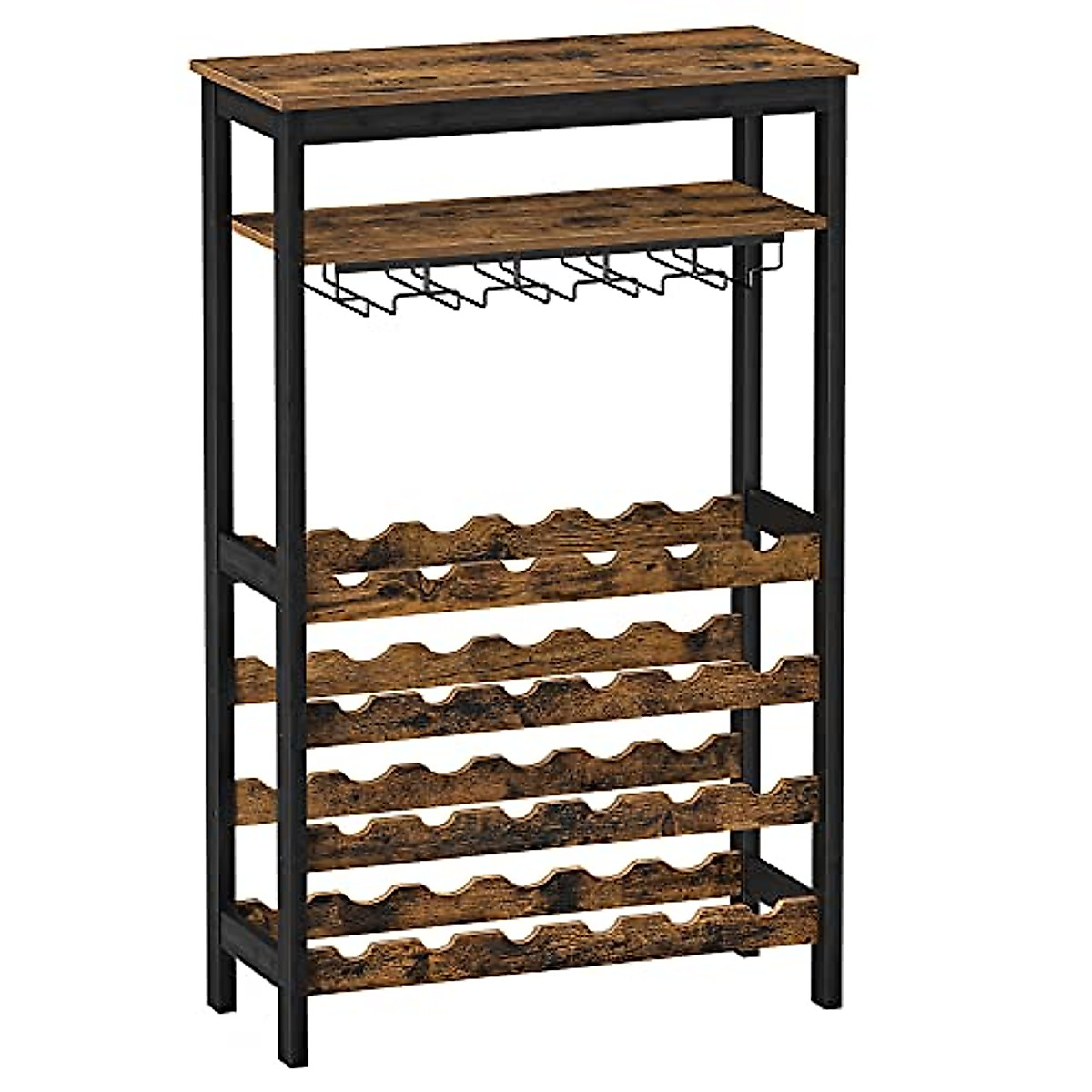 SONGMICS 24-Bottle Freestanding Wine Rack, Wine Storage Display Shelves with Tabletop and Glass Holder, Bar Rack with Bottle Holder for Kitchen Bar Dining Room, Rustic Brown and Black UKWR028B01