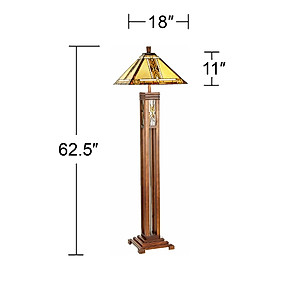 Robert Louis Tiffany Mission Rustic Tiffany Style Floor Lamp with Night Light 62.5" Tall Walnut Wood Column Square Geometric Stained Glass Shade Decor for Living Room Reading House Bedroom
