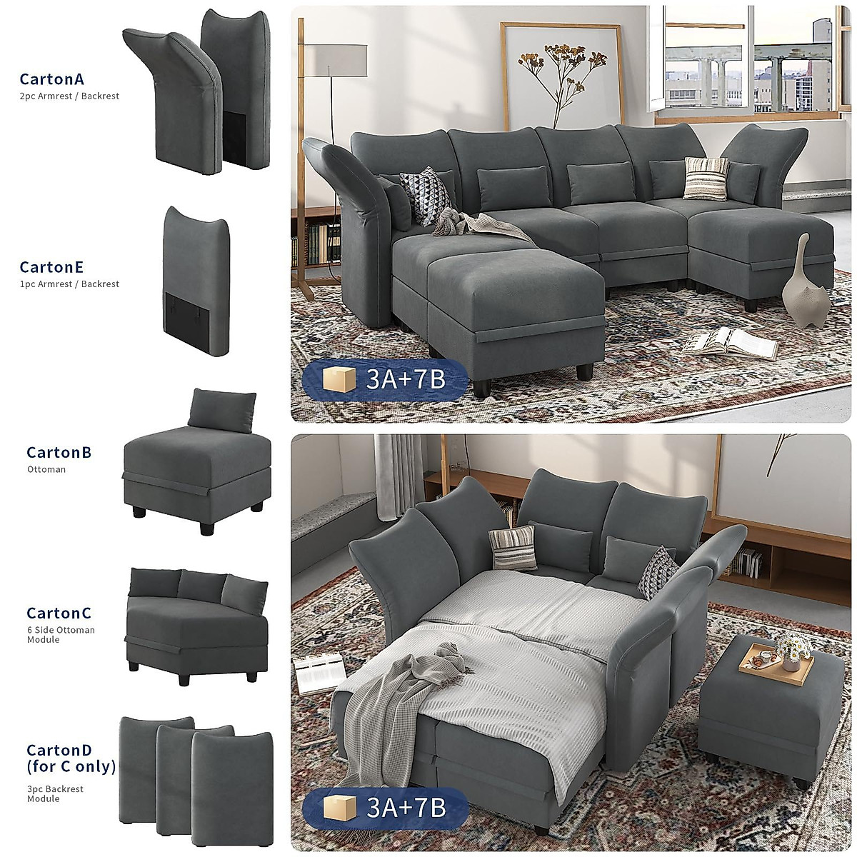 LLappuil Large Faux Leather Fabric Modular Sectional Sofa U Shaped Couch,Oversize U Shaped Leather Sectional Sofa for Living Room,Office,Grey